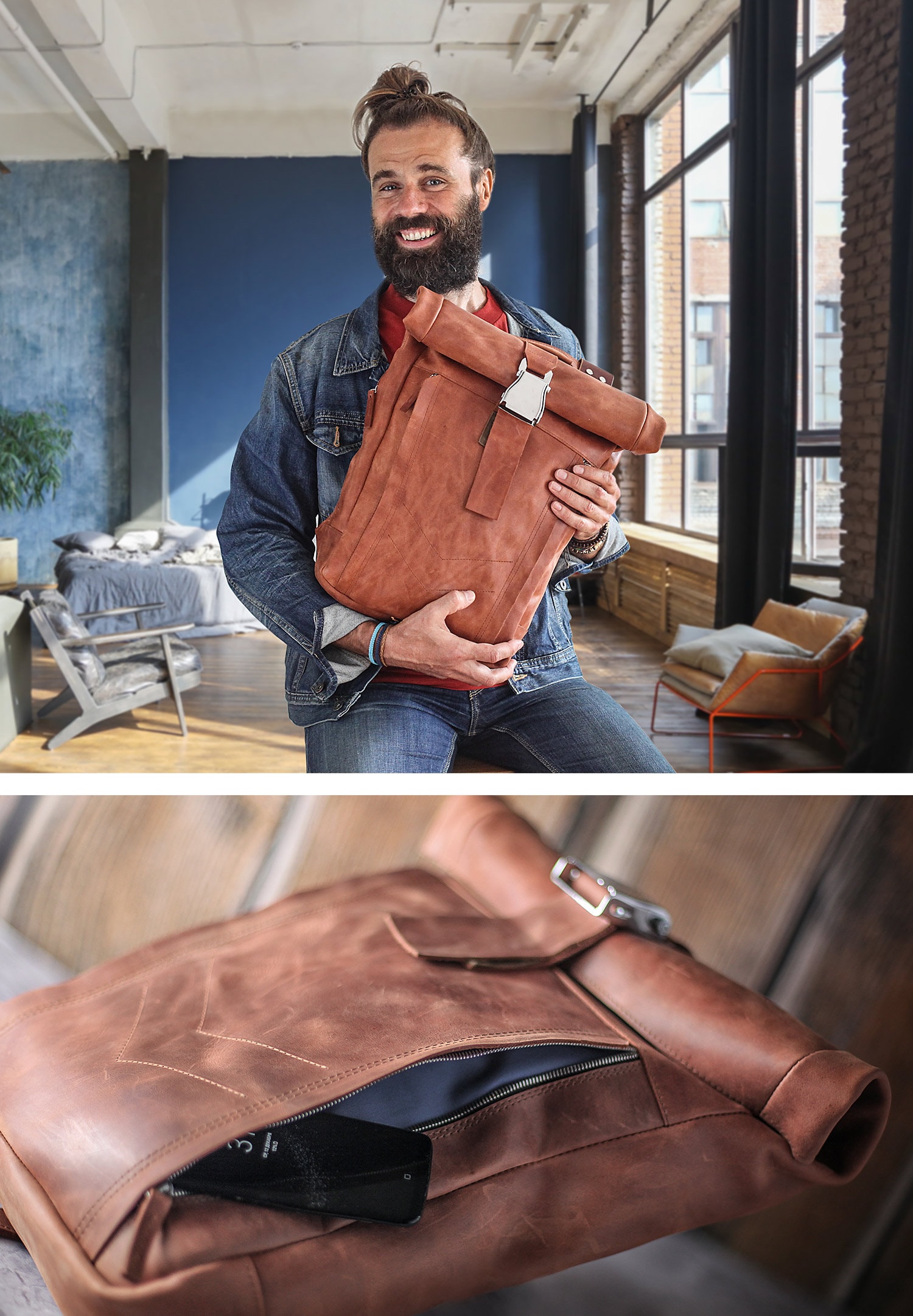 Handmade Custom LEATHER BACKPACK MEN Roll Top ' Designer - Etsy