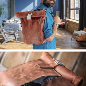 Leather Backpack Man TWILL LINING ' Roll Top Backpack Men * Zaino Uomo ...