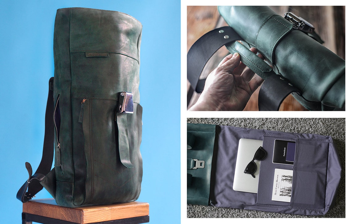 Leather Backpack Man TWILL LINING ' Roll Top Backpack Men - Etsy