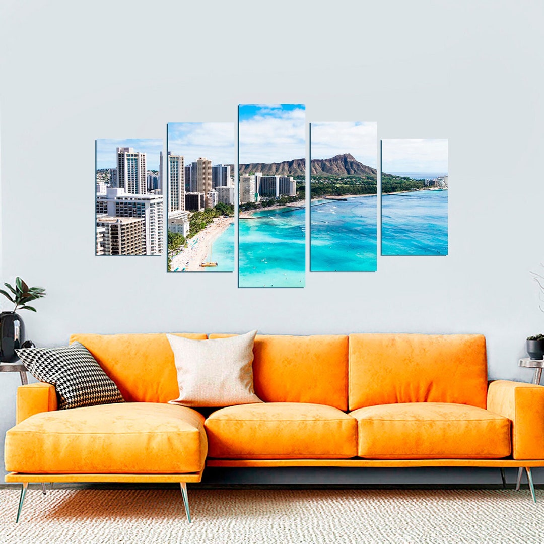 Hawaii Oahu Large Canvas Print, Honolulu Modern Wall Art, Waikiki Beach ...