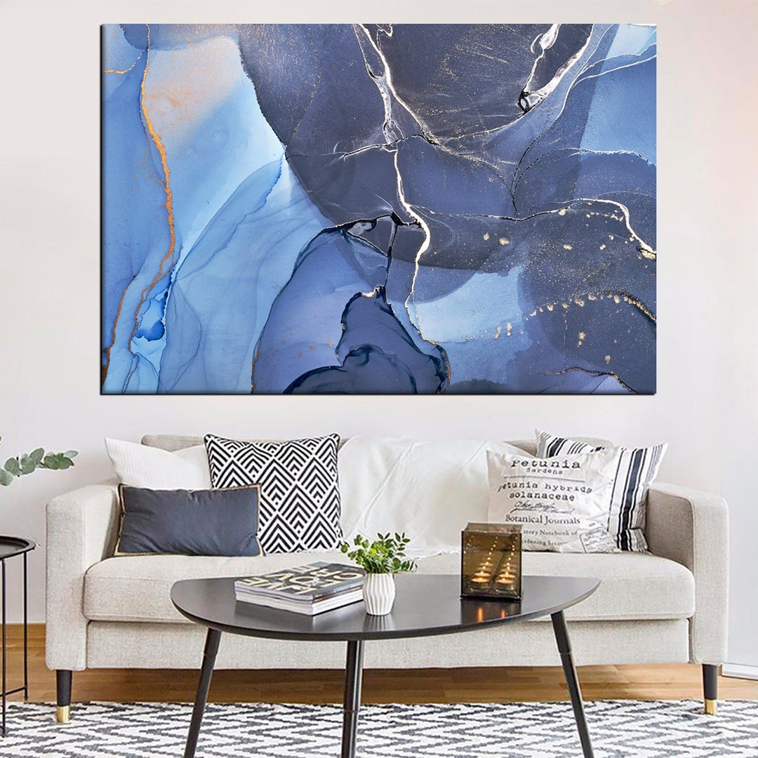 Blue Marble Abstract Wall Art, Marbling Wall Decor, Luxury Modern ...