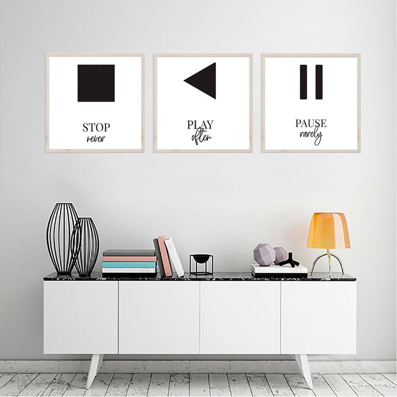 Set of 3 Wall Art - Play Often Pause Rarely Stop Never - Inspirational ...
