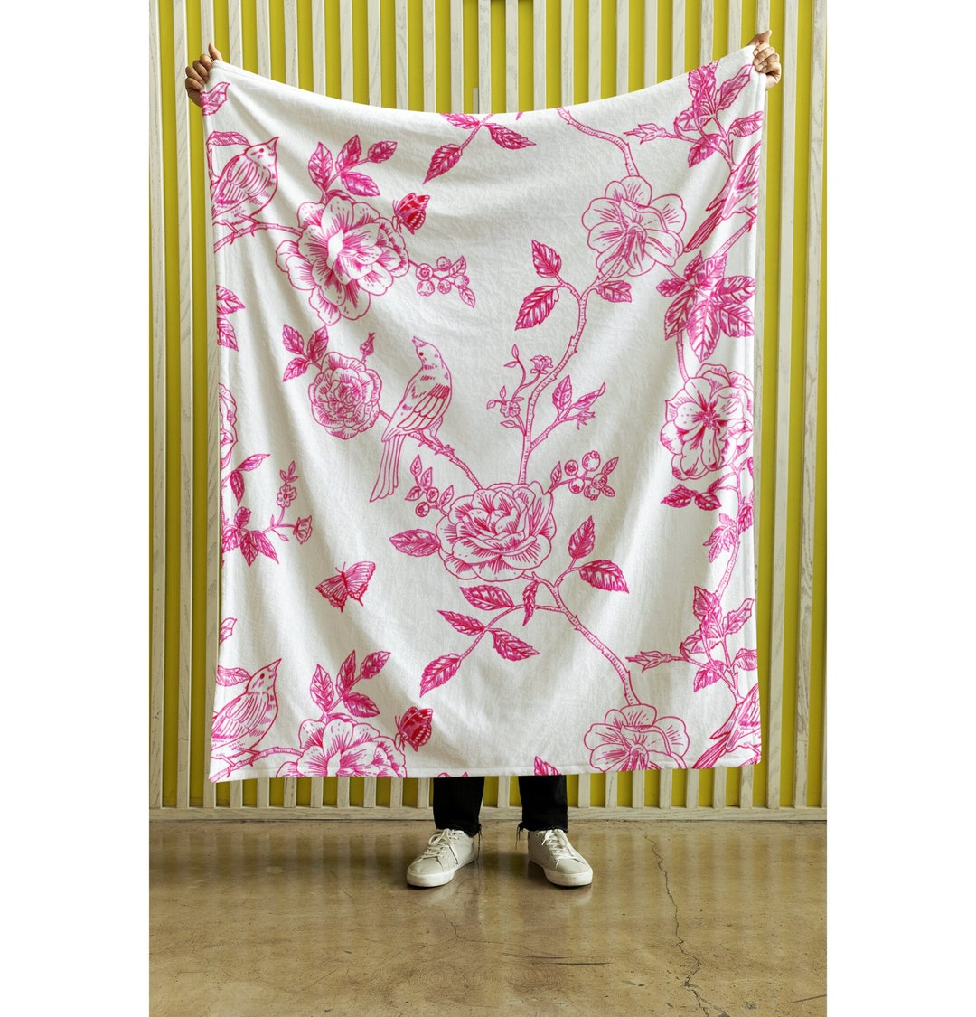 Pink and White Toile Throw Blanket, Pink and White Floral Bedroom Decor ...