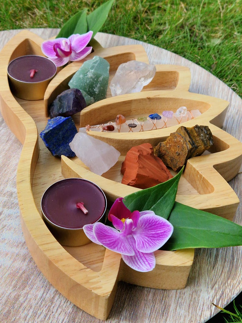 Lotus Wooden Tray | Seven Chakra Raw Stone Set | Selenite Stick | Gift ...