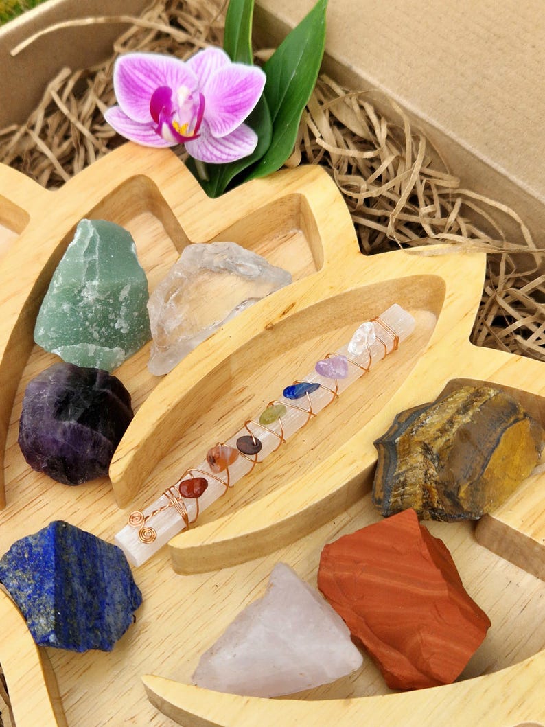 Lotus Wooden Tray | Seven Chakra Raw Stone Set | Selenite Stick | Gift ...