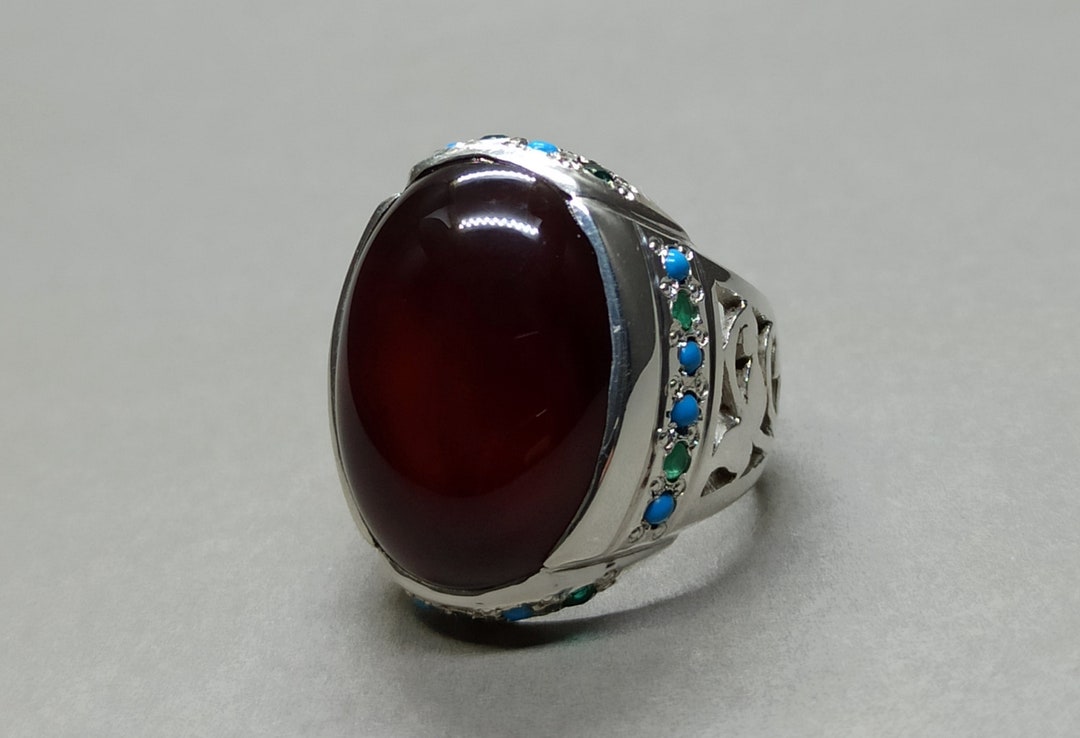 Dunkelbrauner Karneol, Smaragde, Türkis Ring 925 Sterling Silber ...