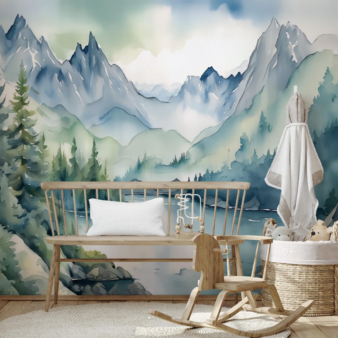 Watercolor Mountain Nursery Wall Mural | Woodland Forest Lake Wallpaper ...