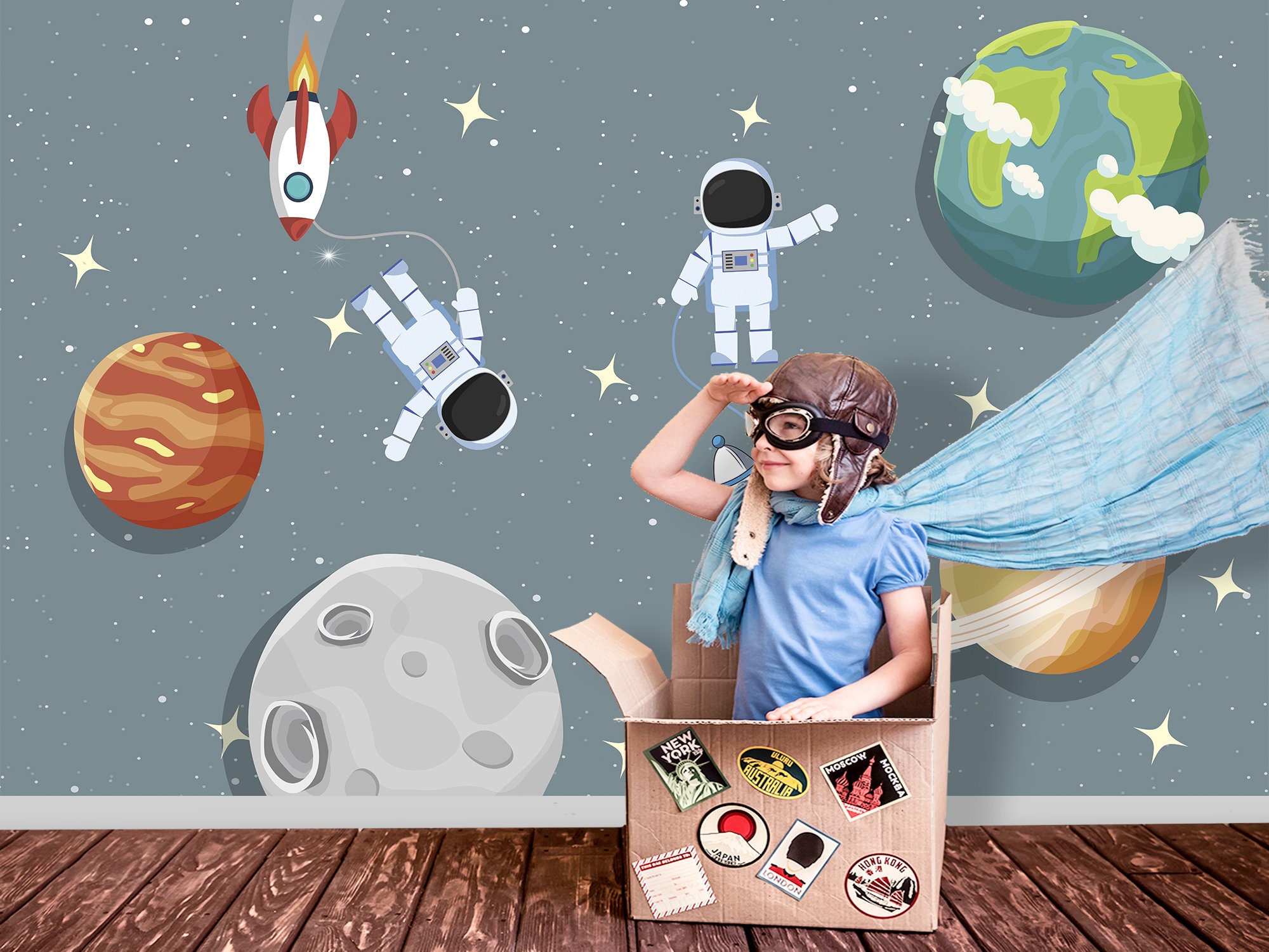 Spaceman Wallpaper Mural for Baby Boy Room Removable. Galaxy Wall Mural ...
