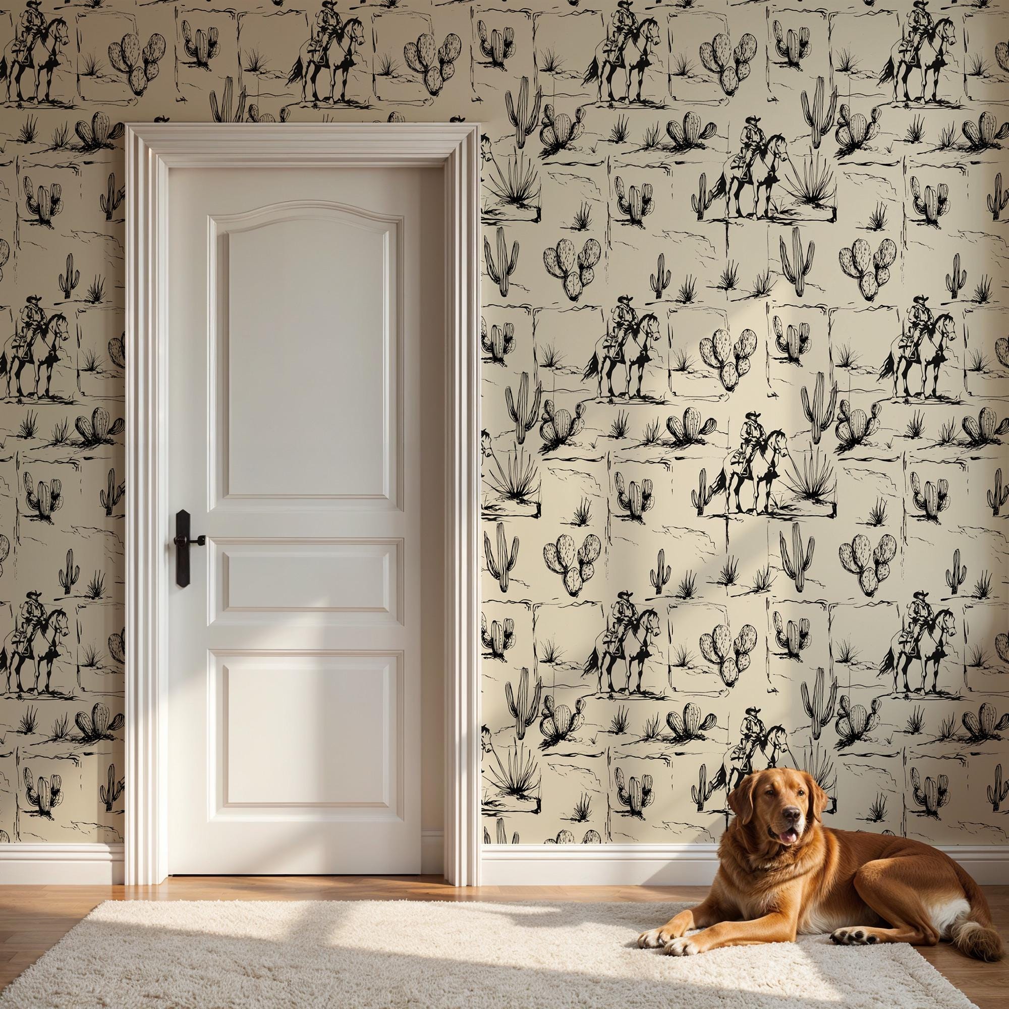 Western Hand Drawn Cowboy Kitchen Wallpaper, Vintage Cactus Living Room ...