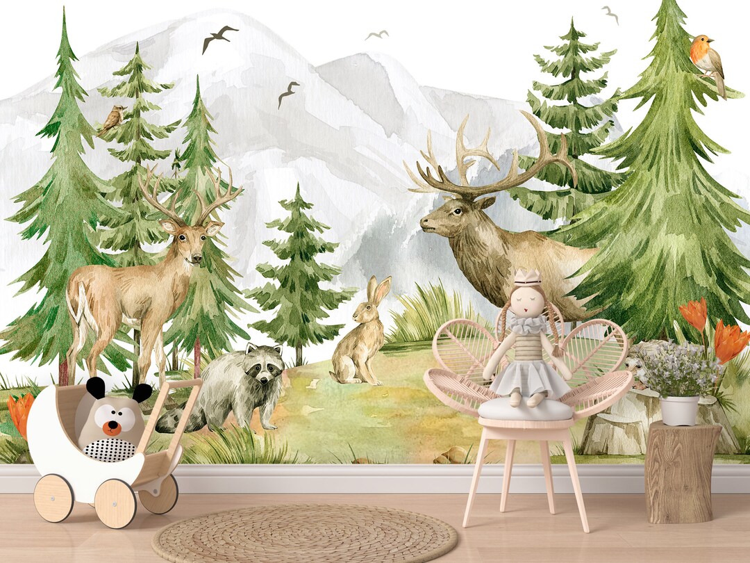 Watercolor Mountain Forest Wallpaper Mural Toddler Nursery - Etsy