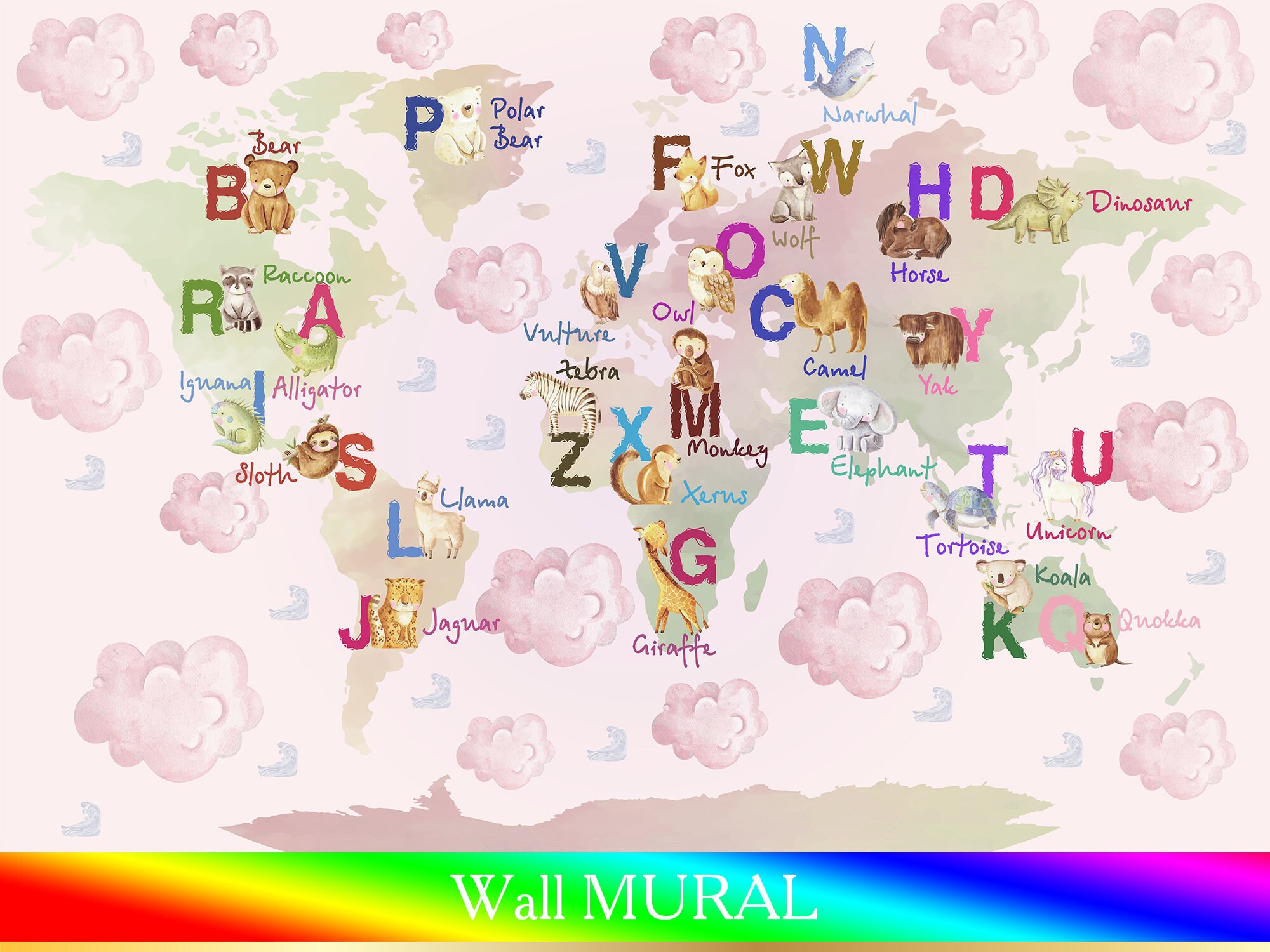 Watercolor Animal Alphabet World Map Wallpaper for Girls - Etsy