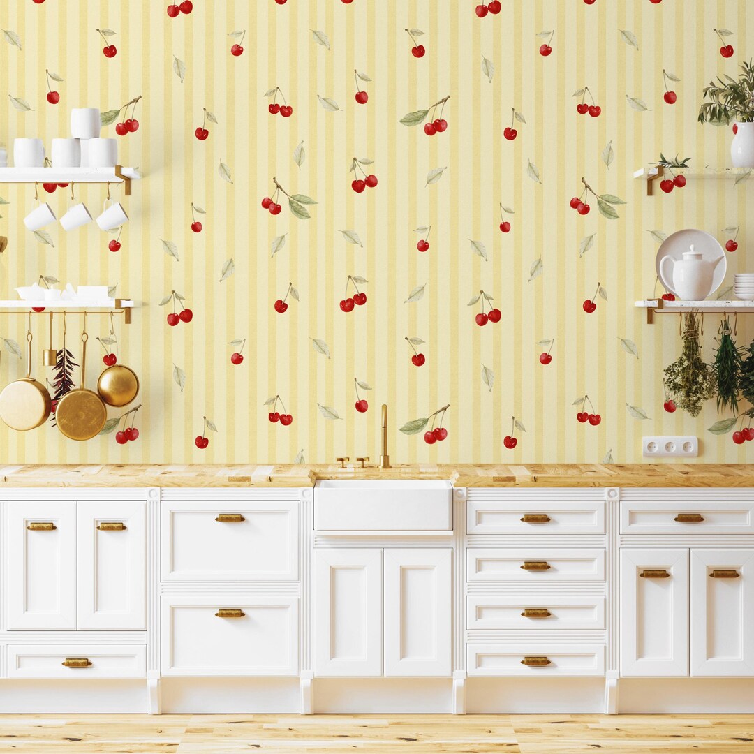 Vintage Cherry Wallpaper Peel and Stick Kitchen, Yellow Striped ...