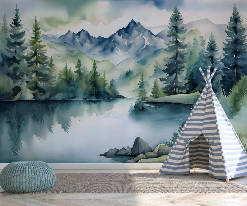 Watercolor Forest Mountain Lake Mural, Nursery Wall Decor, Self ...