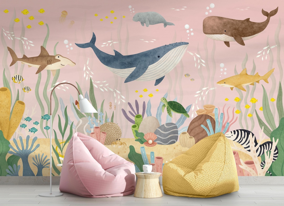 Pink Ocean Wallpaper for Girls Room, Underwater Sea Animals Wall Mural ...