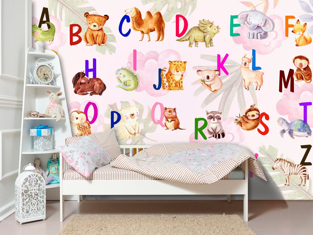 Animal Alphabet Wallpaper Peel and Stick Girl Room, Wall Mural Decor ...