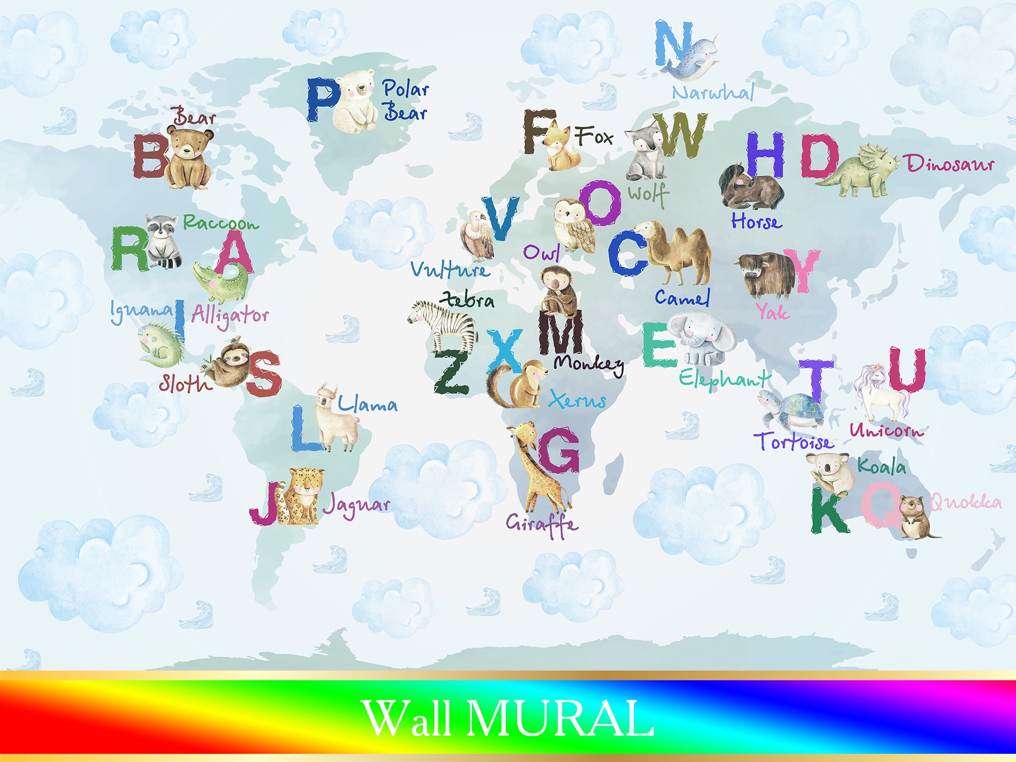 Watercolor Animal Alphabet World Map Wallpaper for Kids - Etsy
