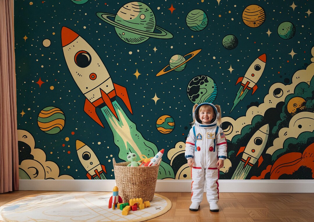 Retro Space Rocket Wallpaper Mural - Vintage Mid-century Modern Planets ...