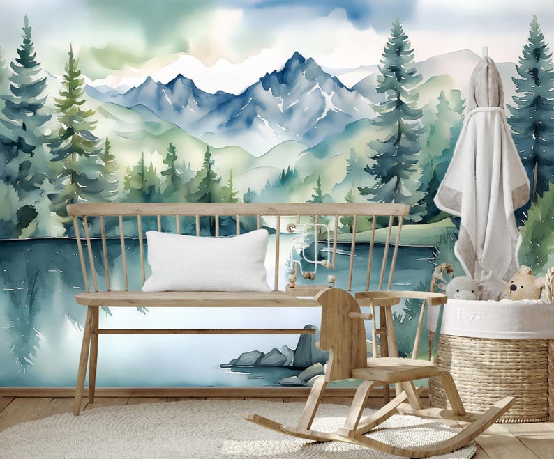 Watercolor Forest Mountain Lake Mural, Nursery Wall Decor, Self ...