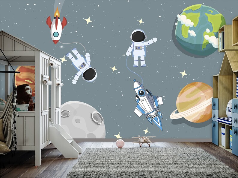 Spaceman Wallpaper Mural for Baby Boy Room Removable. Galaxy Wall Mural ...