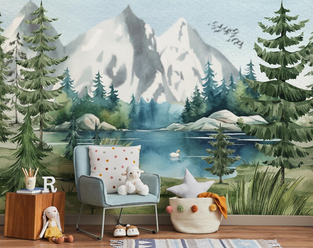 Watercolor Mountain Nursery Wall Mural | Woodland Forest & Lake ...
