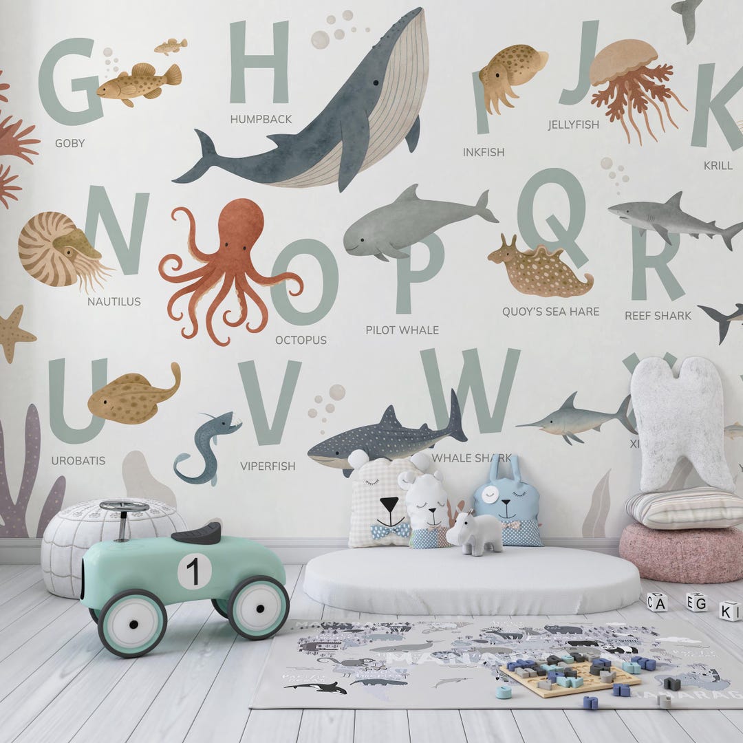 Sea Life Alphabet Mural, Ocean Animals ABC Wallpaper, Educational Kids ...