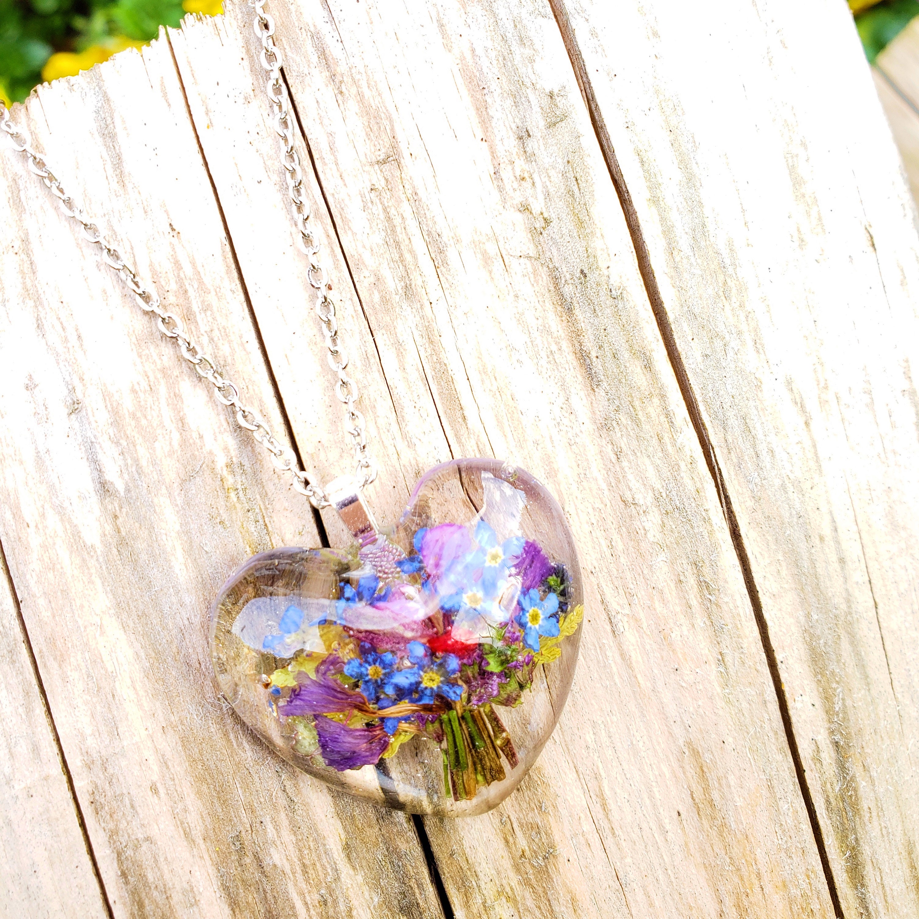 Flower Bouquet Pendant Necklace / Real Flowers Heart Shape | Etsy