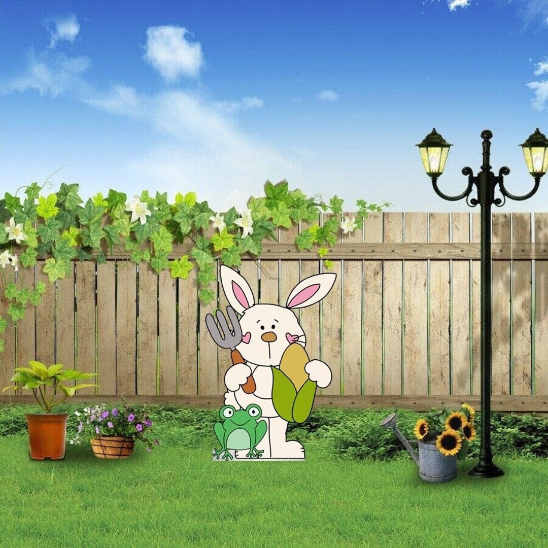 Hand Painted Gardening Bunny Yard Art Set/ Disney Yard Art/ Rabbit Yard ...