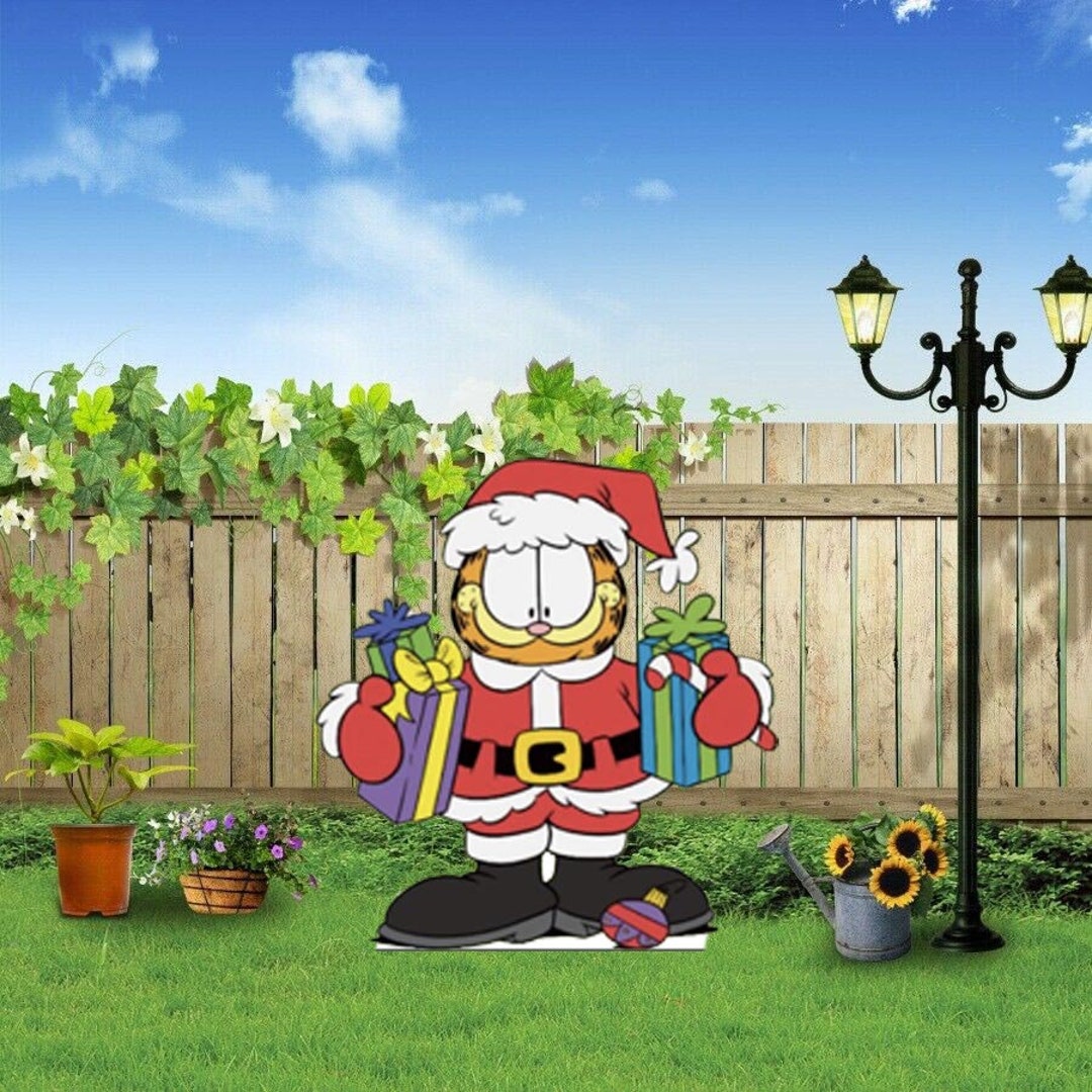 Hand Painted Garfield Santa Christmas Yard Art/ Christmas Yard Art ...