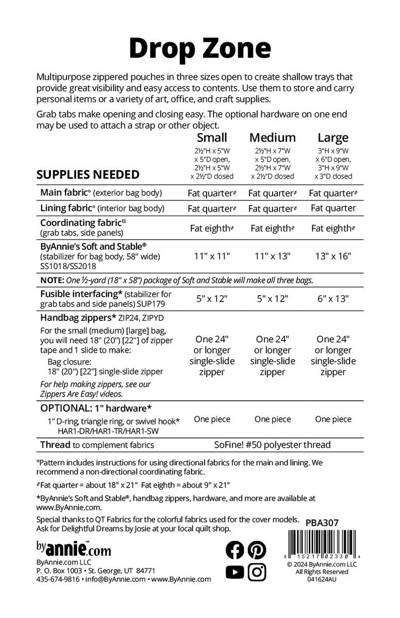 By Annie Pattern- Drop Zone- Zippered Tray Sewing Pattern- Small Medium ...