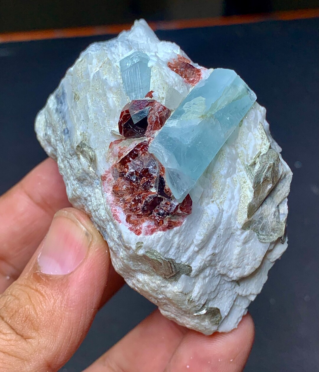 Blue Aquamarine Crystal Combine Garnets on Feldspar Matrix, Unusual ...