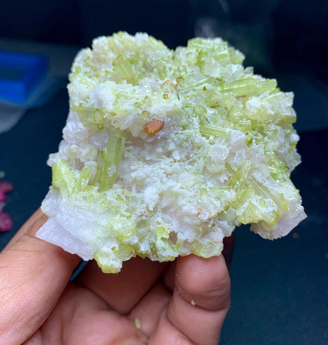 Green Tourmaline Cluster Combine Rare Yellow Microlite Crystal on ...