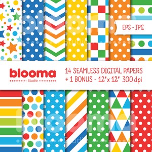 Primary Colors Digital Paper Pack, Rainbow Pattern, Bright Color ...
