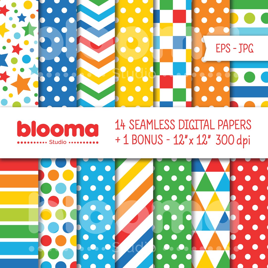 Primary Colors Digital Paper Pack, Rainbow Pattern, Bright Color ...