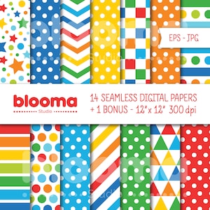 Primary Colors Digital Paper Pack, Rainbow Pattern, Bright Color ...