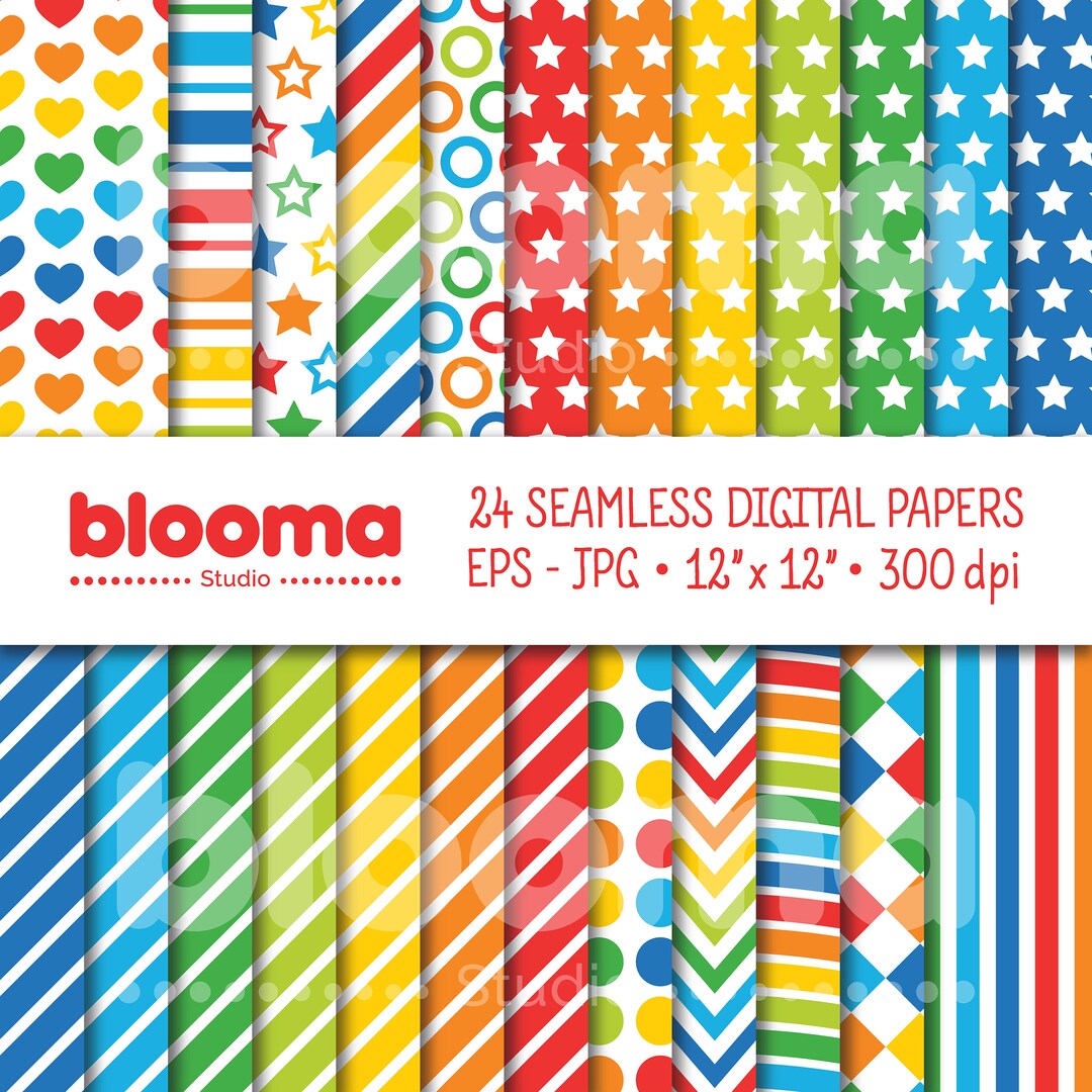 Primary Color Digital Paper Pack, Rainbow Color Patterns, Seamless ...