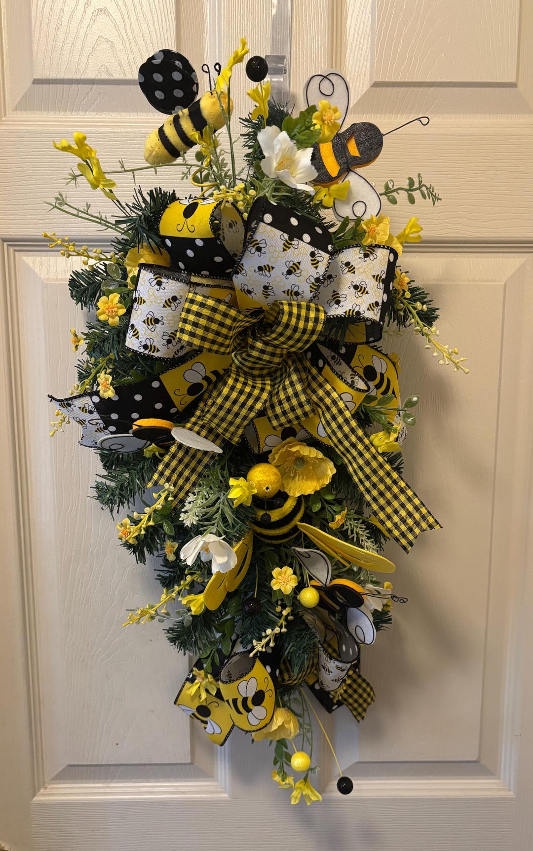 Bumblebee Door Swag, Spring Summer Bee Wreath, Yellow Black Floral Door ...