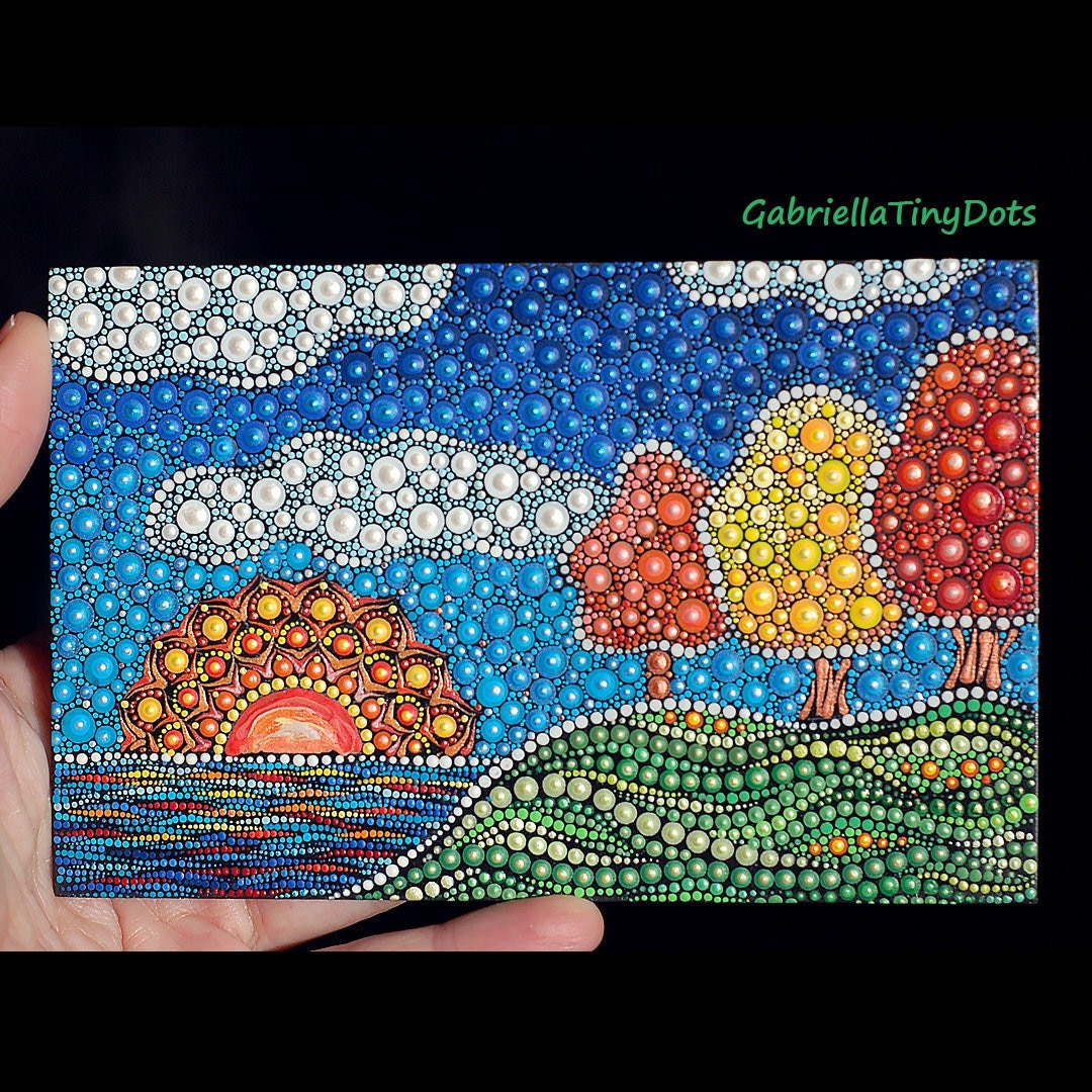 Landscape Scenery Painting Abstract Dot Art. Original Pointillism, Sea ...