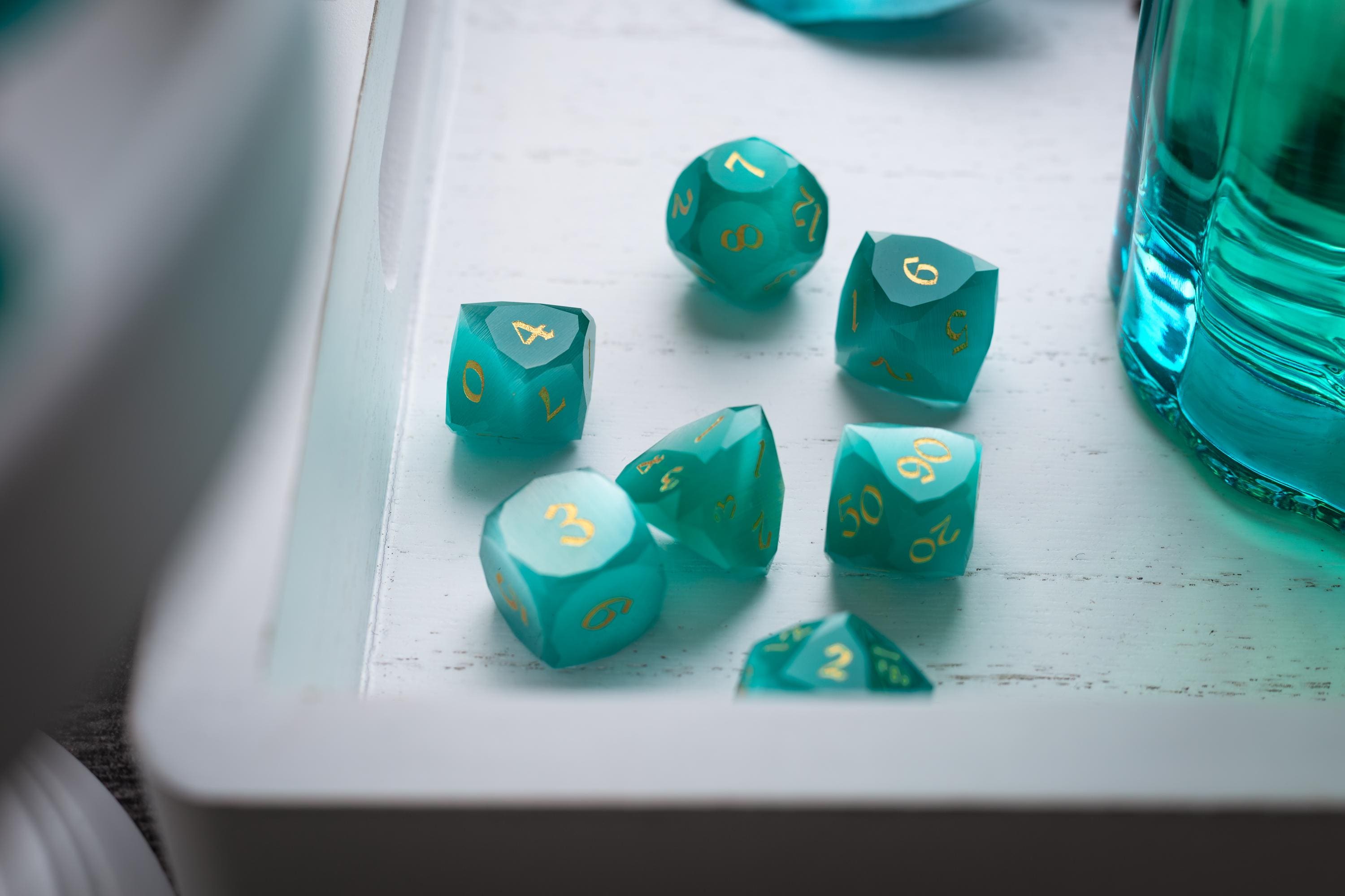 Dwarf Cut Aquamarine Cat's Eye Gemstone Premium DND Dice Set - Etsy