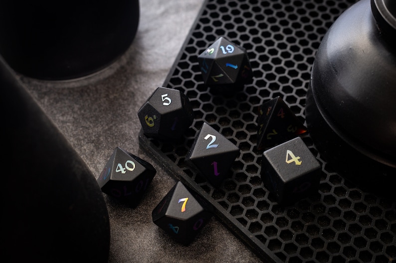 Inked Black Night Raised Obsidian Hand Carved Dice (and Box) DND Set ...