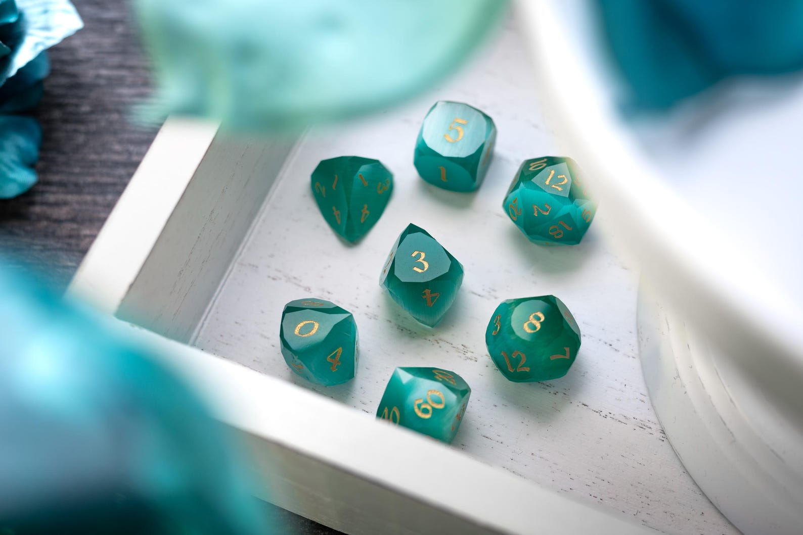 Dwarf Cut Aquamarine Cat's Eye Gemstone Premium DND Dice Set - Etsy