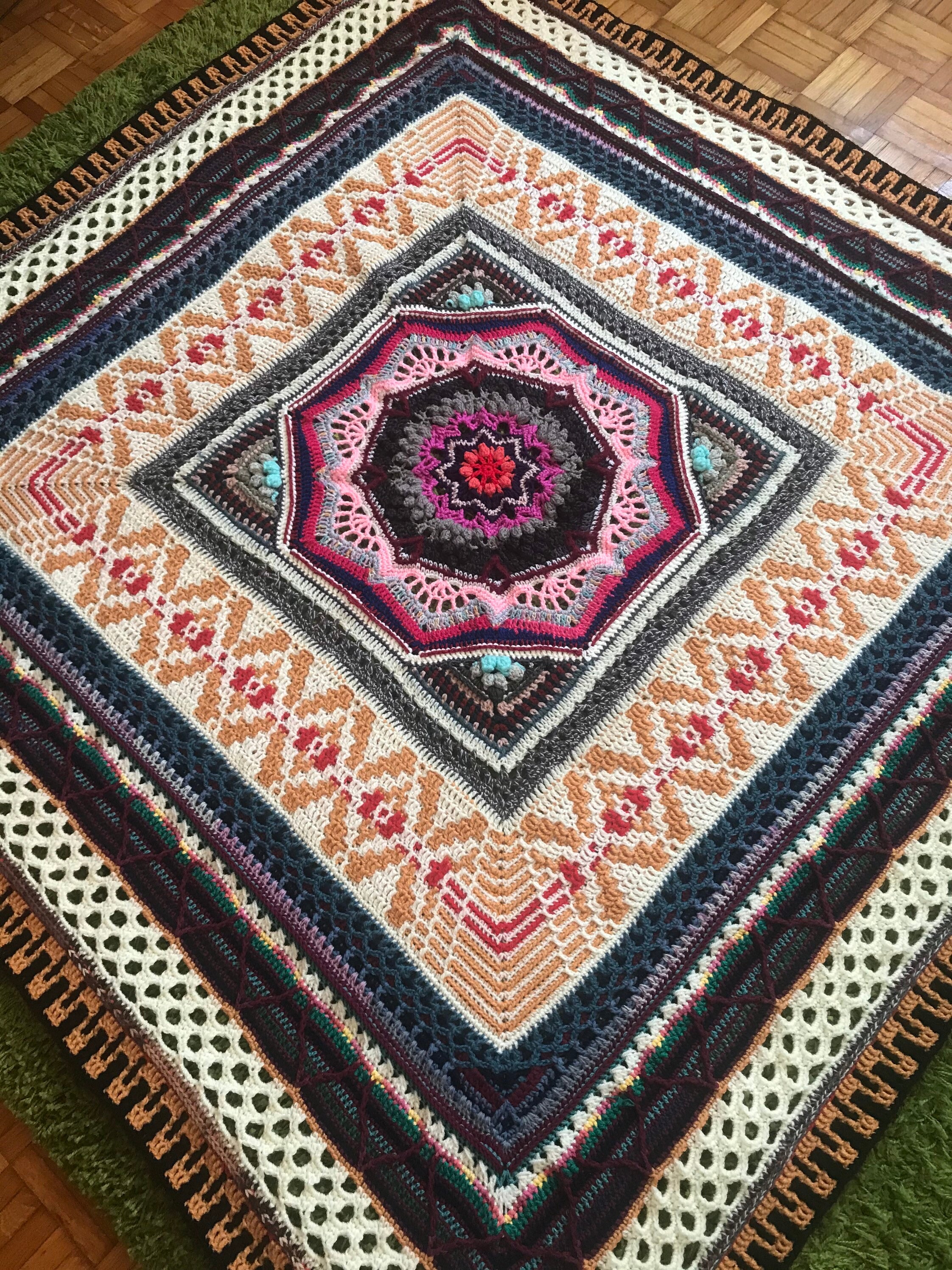 Crochet Afghan Mandala Handmade Crochet Blanket Boho Style Multi Color ...