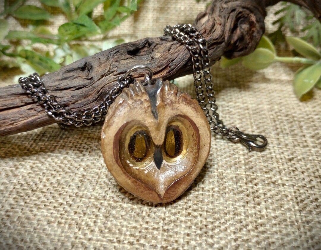 Black Walnut Owl Pendant Amber Resin Eyes, With 19 Gunmetal Color Chain ...