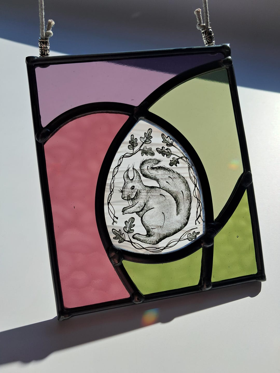 Hand Painted Stained Glass Squirrel Suncatcher, Purple-rose-green ...