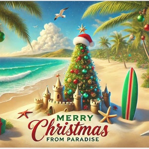 Beach Christmas Card, Tropical Christmas Postcard With Envelope Merry ...