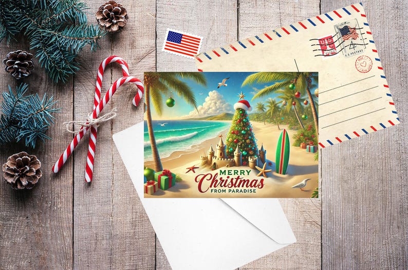 Beach Christmas Card, Tropical Christmas Postcard With Envelope Merry ...
