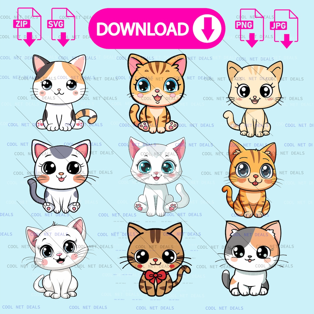 Cute Kitty Cat Clipart, Cat Clipart, Kitty SVG Bundle, PNG JPG Cat ...