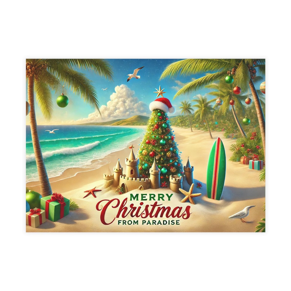 Beach Christmas Card, Tropical Christmas Postcard With Envelope Merry ...