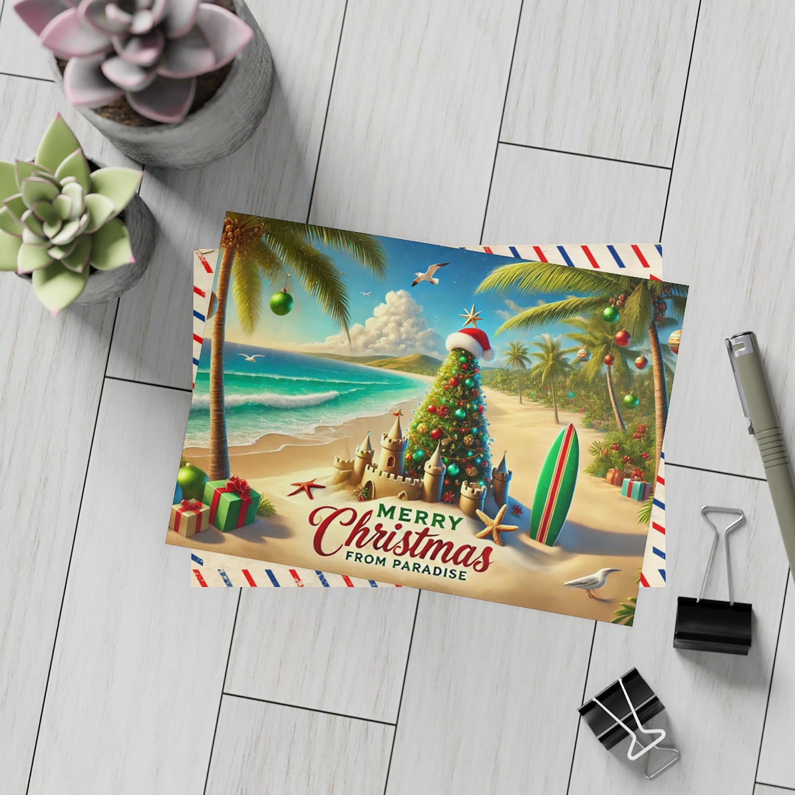 Beach Christmas Card, Tropical Christmas Postcard With Envelope Merry ...