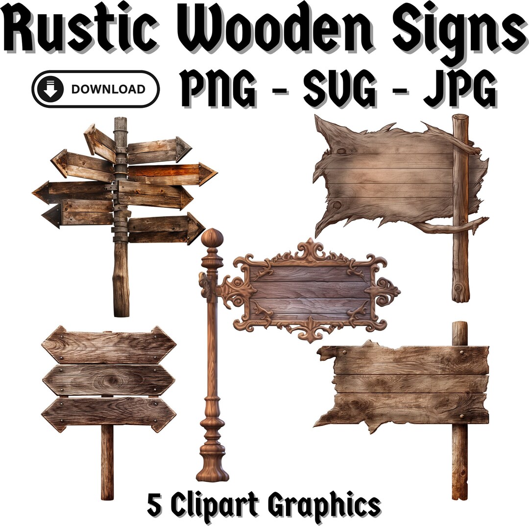 Rustic Wooden Sign 5 Pack Clipart Bundle, PNG, SVG, JPG, Sign Clipart ...