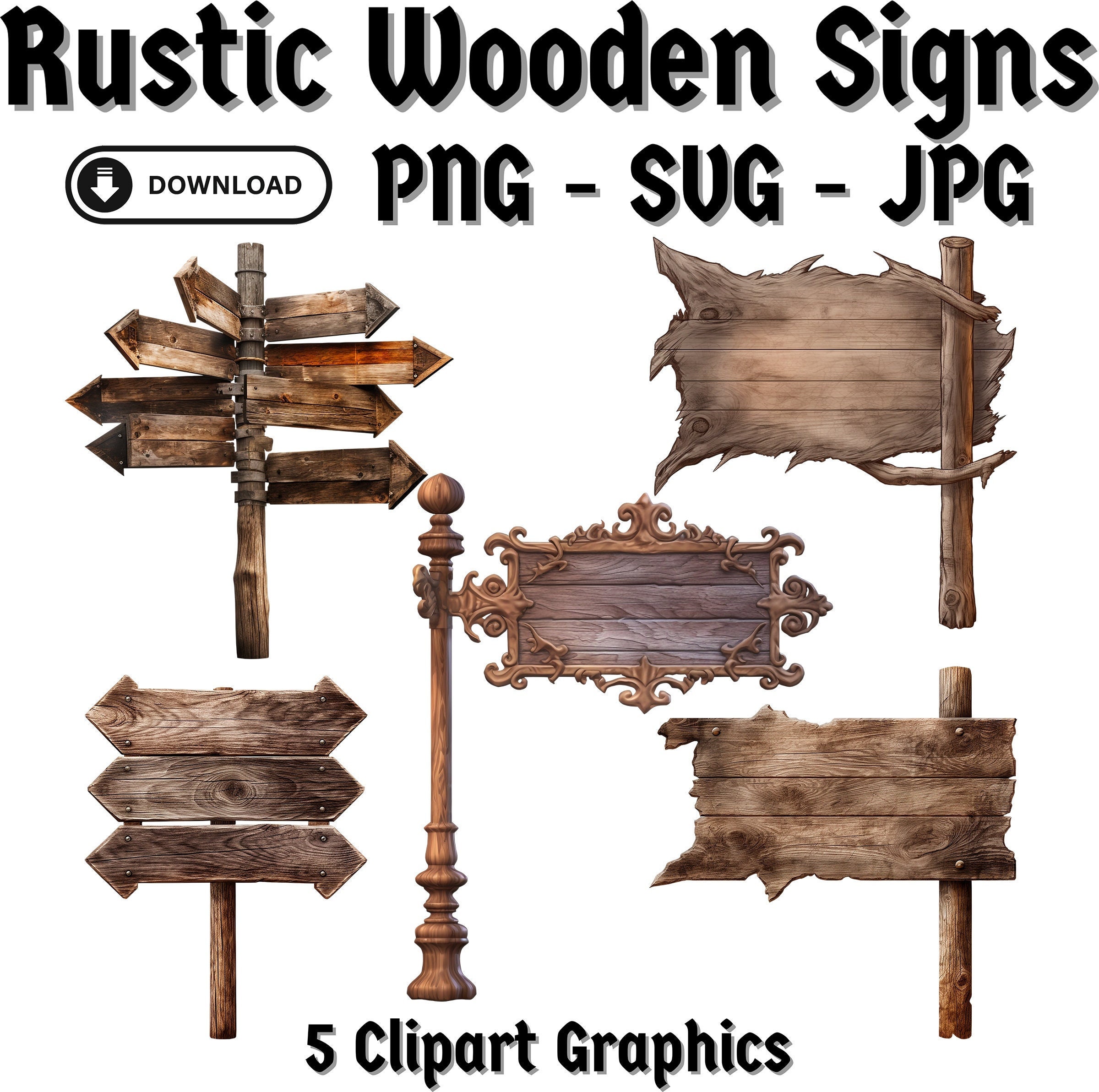 Rustic Wooden Sign 5 Pack Clipart Bundle, PNG, SVG, JPG, Sign Clipart ...
